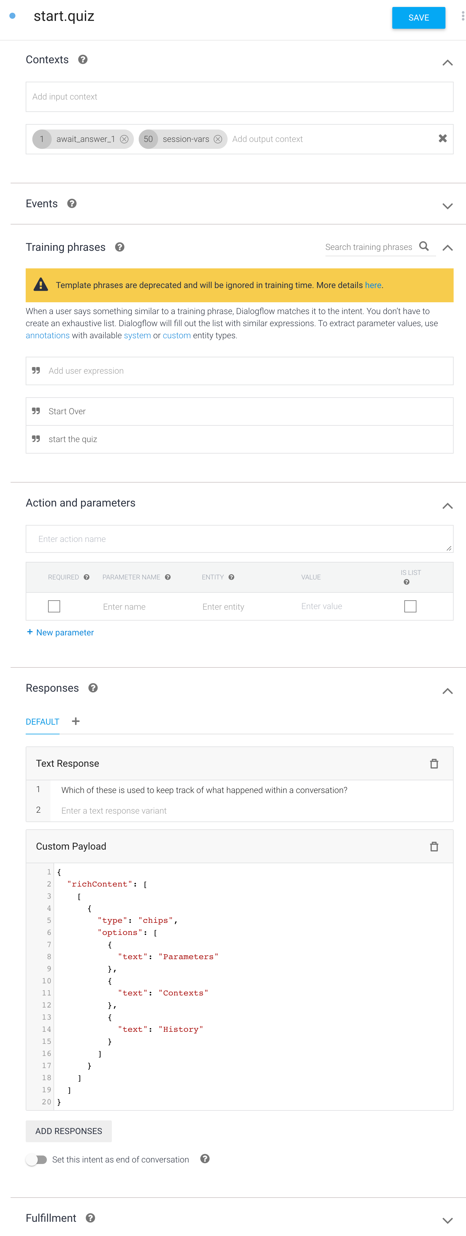 Start Quiz Intent Botflo